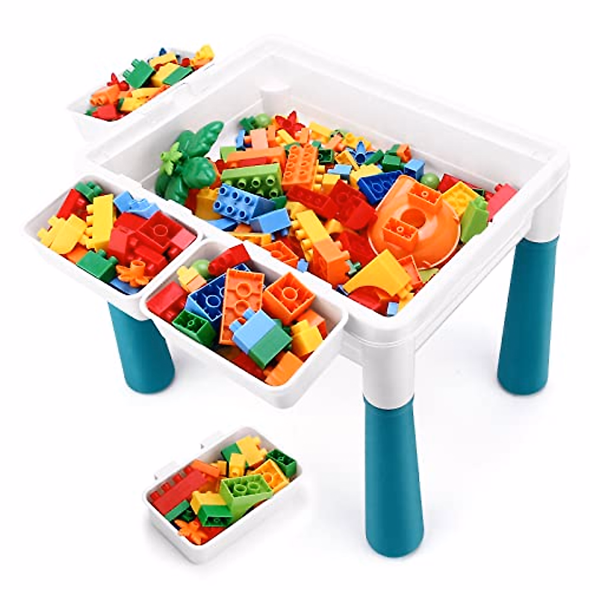 ROGALALY Kids Activity Table Set, All-in-One Multi Activity Table with Storage, 105pcs Building Blocks Table Compatible with Classic Bricks, Craft Learn Play Water Sand Table for Boys Girls