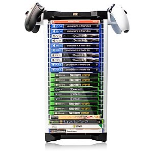 ADZ Universal Game Holder – 23 Game Storage Tower Rack for PS2 PS3 PS4 PS5 PSP Xbox 360 Xbox One Series X Wii Switch Games DVD and Blu-Ray Disks. Includes 2 Controller Mounts