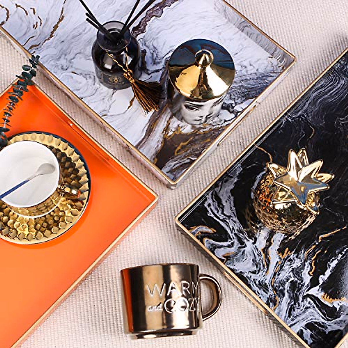 Zosenley Decorative Tray, Rectangular Plastic Tray with Handles, Modern Vanity Tray and Serving Tray for Bathroom, Kitchen, Ottoman and Coffee Table, 15.6” x 10.2”, Orange