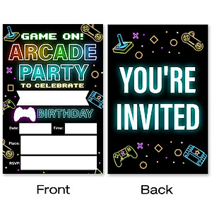 VAHATAN Arcade Party Birthday Invitations 20 Packs Neon Glow Retro Video Gaming Arcade Invites with Envelopes