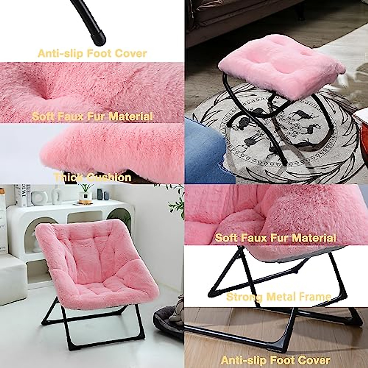 WELL-STRONG Folding Living Room Chair with Ottoman - Faux Fur Foldable Bedroom Chair and Foot Rest Set with Metal Frame Lounge Chair and Foot Stool Set for Men, Women, Teens, Kids Pink