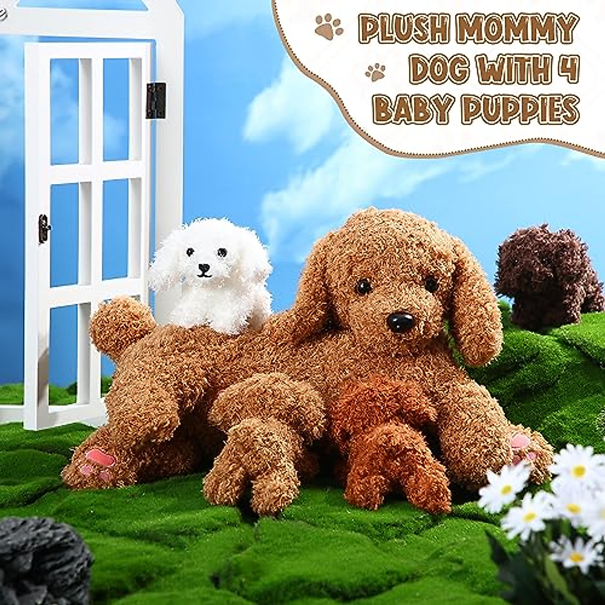 Honoson Nurturing Dog Stuffed Animal with Puppies, Mommy Dog with 4 Baby Puppy Soft Cute Stuffed Plush Dog Puppy for Kids Birthday Gifts Party Favors (Curly Dog)