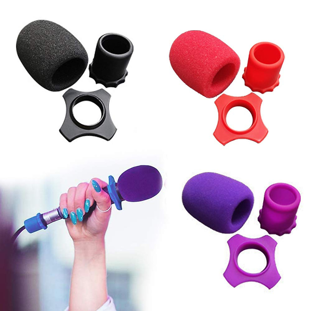 TuNan 9PCS Wireless Handheld Microphone Protection, Silicone Ring, Bottom Rod Sleeve Holder, Windscreen Foam Cover for KTV Device, Shakeproof & Anti-Rolling - Black, Red, Purple