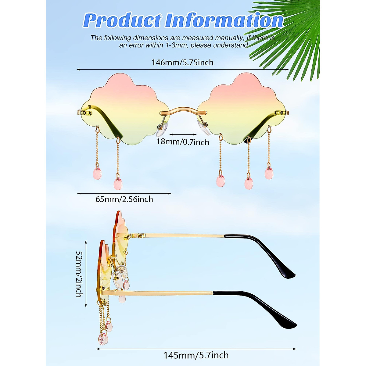 Weewooday 4 Pairs Cloud Sunglasses Raindrop Rimless Cute Sunglasses Funny Heart Flame Shaped Disco Glasses for Women Men (Light Blue, Pink, Gradient Pink, Blue Pink,Bead Style)