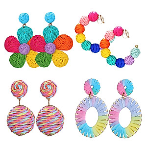 BESTEEL Rattan Clip On Earrings for Women Dangling | Handmade Raffia Straw Earrings Set Clip Earrings| Big Dangle Colorful Statement Hoop Earrings, Woven Vacation Earrings Summer Beach Drop Earrings