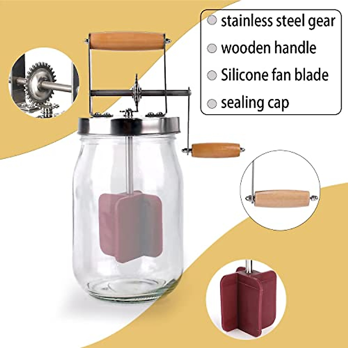 1.5L Hand Crank Butter Churner- Manual Butter Churner- Wooden handle shakes stainless steel gear Manual Butter Maker,butter churner hand crank mason jar.Baking of top gadgets butter maker