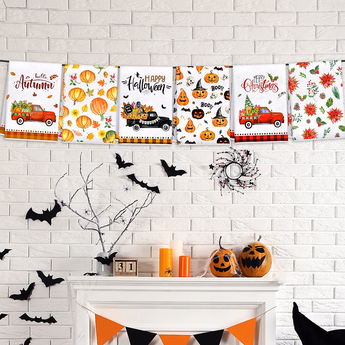 6 Set Holiday Kitchen Towels for Halloween Fall Christmas Decorative Dishtowels,Halloween Hand Towels Absorbent Dishcloths Autumn Tea Towels Wash Cloths for Thanksgiving Christmas Kitchen Decor