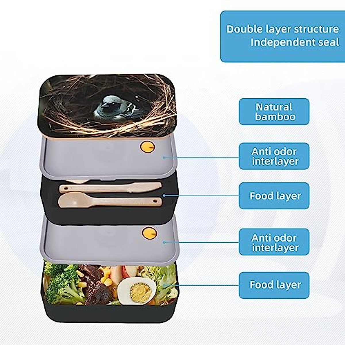 Little Bird Nest Adult Lunch Box, Bento Box, With Cutlery Set Of 3, 2 Compartments, Rectangular, Lunch Box For Adults