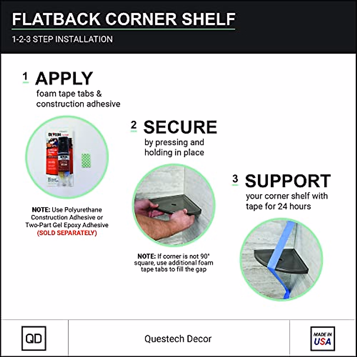 Questech Décor 5 Inch Shower Footrest, Wall Mounted Corner Shower Shaving Shelf, Retrofit Shower Caddy For Tiled Shower Walls, Bathroom Corner Shelf, 5 Inch Metro Flatback, Graphite Black