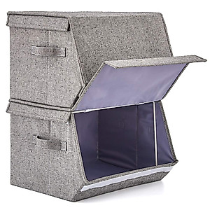 EZOWare Stackable Storage Bins with Lid, Set of 2 Lidded Linen Fabric Foldable Organizer Baskets Containers With Handles 16.5 x 11 x 10 inch, Gray