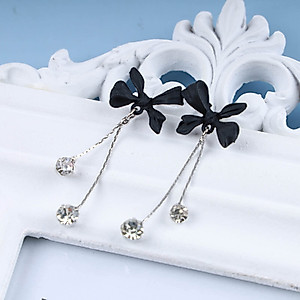 Erimberate Bohemian Crystal Bow Earrings Black Bowknot Drop Earrings Gold Cz Tassel Chain Dangle Earrings Black Bow Tie Cz Tassel Earrings Jewelry for Women and Girls Gifts