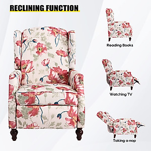 Consofa Wing Back Recliner Chair, Traditional Push Back Recliner Chair with Padded Seat, Upholstered Tufted Fabric Wingback Chair with Wooden Legs, Floral Accent Chairs for Living Room