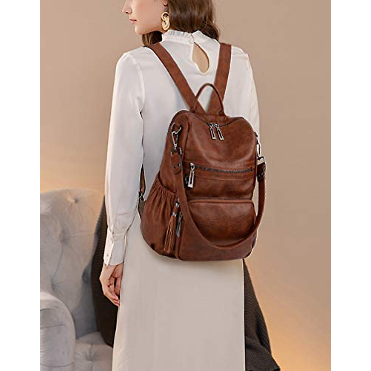 UTO Women Backpack Purse Leather Vegan Ladies Fashion Designer Rucksack Convertible Travel Shoulder Bag with Tassel