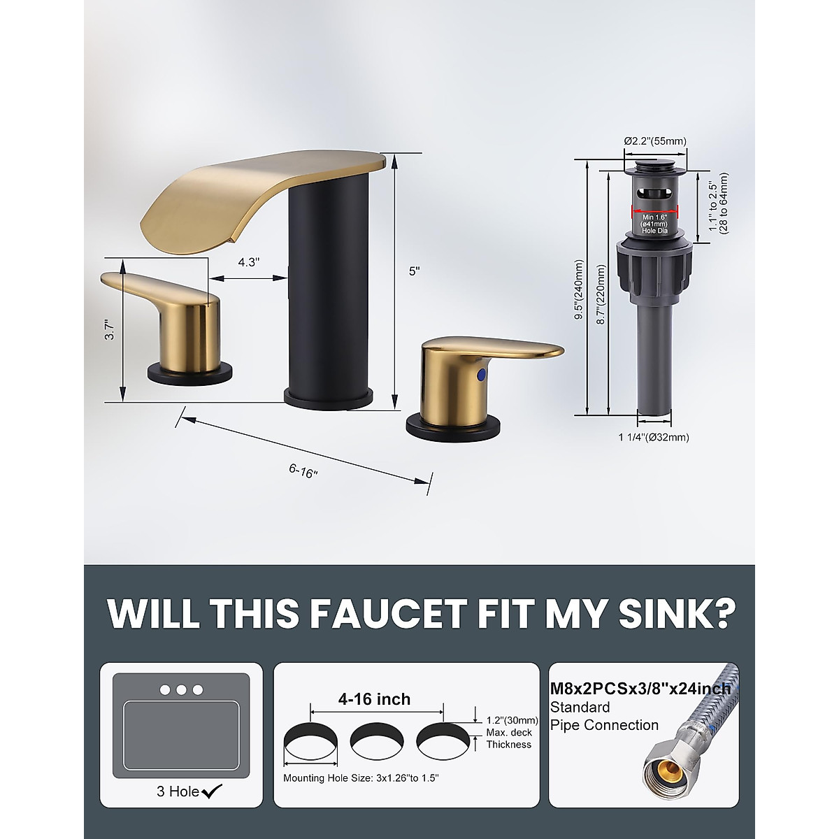 WOWOW Waterfall Bathroom Faucet 3 Holes 8Inch Widespread Bathroom Sink Faucet, Two Handles Lavatory Vanity Sink Faucets with Pop-up Drain & Supply Hoses, Modern Faucet Mixer Taps Black and Gold