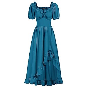 Renaissance Costume Women Cottagecore Dress Summer Off Shoulder Long Dress Blue L