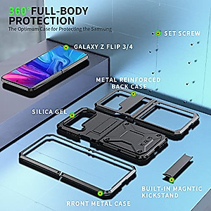 Compatible with Samsung Galaxy Z Flip 4 Metal Case with Kickstand Military Heavy Duty Shockproof Aluminum Case Hard Protection Cover for Galaxy Z Flip 4 (Black)