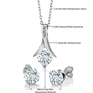 Gem Stone King 925 Sterling Silver Sky Blue Aquamarine and White Diamond Pendant Earrings Jewelry Set Gift Set For Women (2.30 Cttw, Round Cut with 18 Inch Silver Chain)
