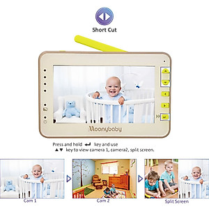 Moonybaby Split 55 Baby Monitor with 2 Cameras, Split Screen Video, No WiFi Pan Tilt Camera, Wide View Lens Included, 4.3 inches Large Monitor, Night Vision, Temperature, 2 Way Talk Back, Long Range