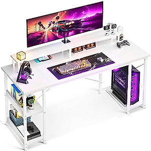 ODK 63 inch Computer Desk with Monitor Shelf and Storage Shelves, Gaming Desk, Study Table with CPU Stand & Reversible Shelves, White