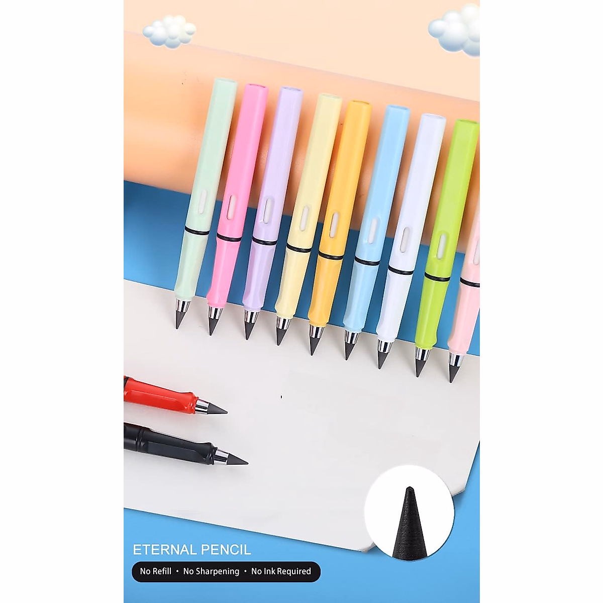 Homiimart New Unlimited Writing Eternal Pencil Creative No Ink Refill Replaceable Nib Erasable Pen No Need Sharpen Kid School Supplies Stationery Art Painting Sketch (Black)