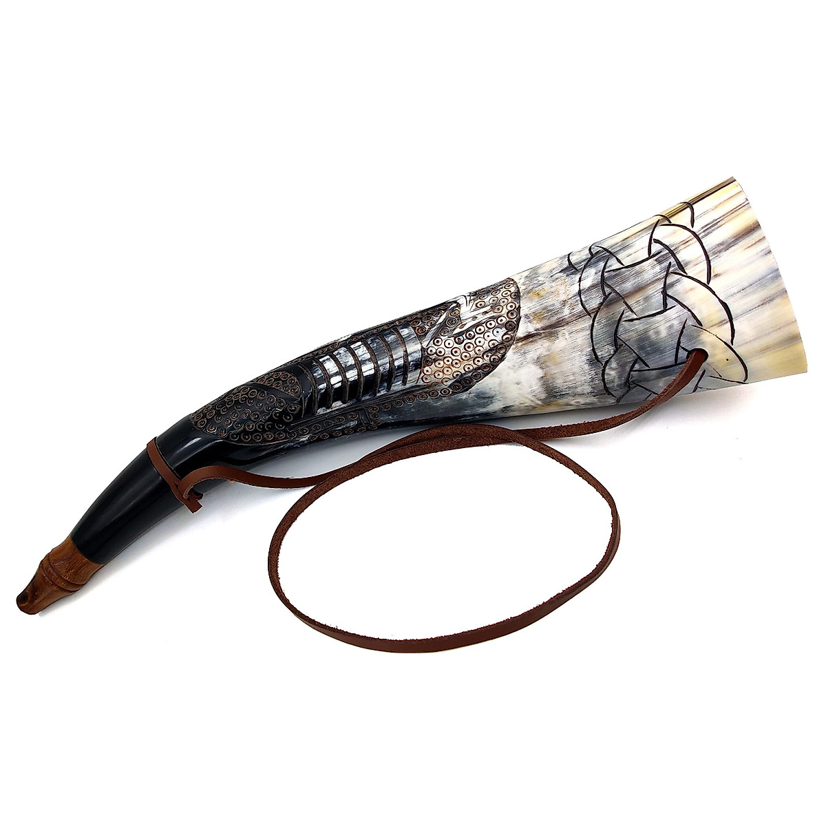 Viking War Horn - 16" Genuine Ox-Horn Battle Trumpet - Premium Hand Engraved BOAT Horn Viking Norse Cattle Ancient Horn Bugle Hunting Tool BATTLE HORN BLOWING HORN VIKING BUGLE HORN With Wooden Stand