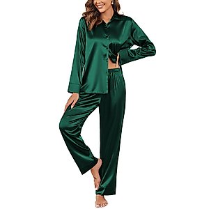 Ekouaer Silk Pajamas for Women Classic Button Down Pj Sets Satin Sleepwear Comfy Long Sleeve Loungewear Green L