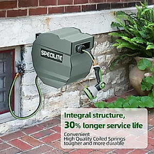 SPECILITE Retractable Heavy Duty Garden Hose Reel, 1/2" X 66 + 5 FT 2 Year Anti-Fading Wall Mounted Hose Reel, Smooth Automatic Rewind, 9 Pattern Sprayer, 180° Swival Bracket, Any Length Lock