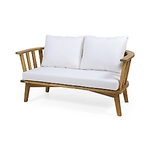 Christopher Knight Home Ingrid Outdoor Wooden Loveseat with Cushions, White and Teak Finish