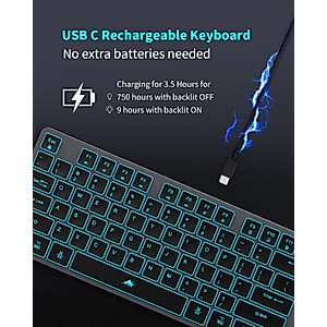 Wireless Backlit Keyboard, Rechargeable USB Silent Keyboard, 2.4G Cordless Full Size, Compatible with Apple iMac, MacBook and PC, Computer Laptop, Space Gray…