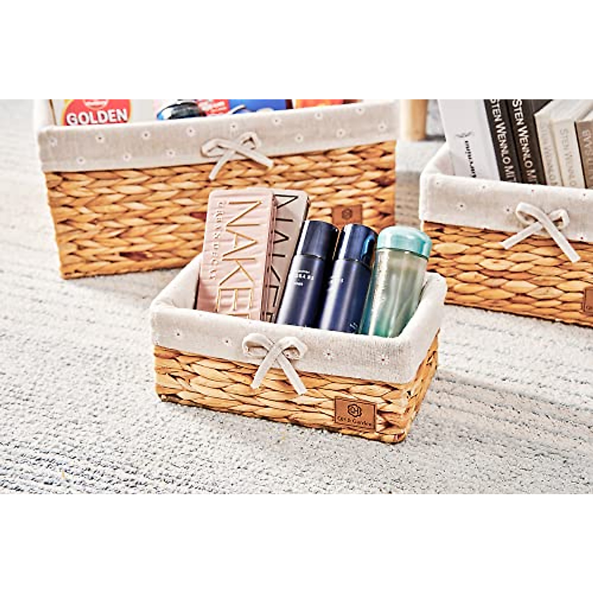 QH & Garden Hand-Woven Water Hyacinth Storage Baskets,Decorative Rectangular Wicker Basket with Detachable Liner,Natural Seagrass Woven Organizer Baskets for Shelves (set of 3)