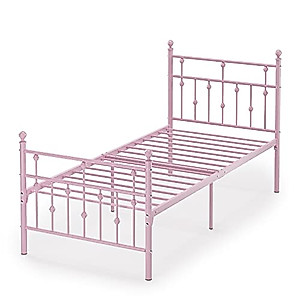 Weehom Pink Metal Bed Frame Twin Size with Headboard Mattress Foundation Support Heavy Duty Steel Slat No Box Spring Need for Girls