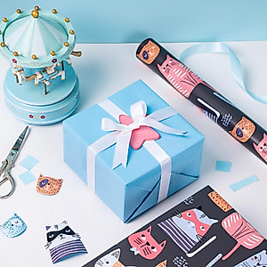 WRAPAHOLIC Reversible Wrapping Paper - Mini Roll - 17 Inch x 33 Feet - Adorable Cat and Solid Blue Design for Birthday, Holiday, Party, Baby Shower