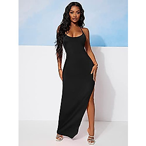 SheIn Women's Side Split Thigh Backless Bodycon Maxi Dress Sleeveless Tie Back Criss Cross Slit Pencil Long Dresses X-Small Black