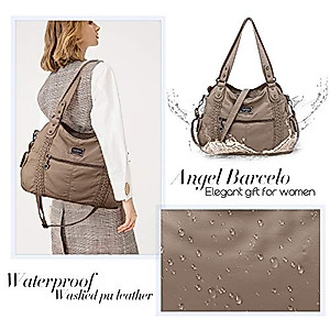 Angel Barcelo Roomy Fashion Hobo Womens Handbags Ladies Purse Satchel Shoulder Bags Tote Washed Leather Bag (Apricot)