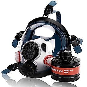 Gas Mask, Full Face Respirator Mask with 40mm Carbon Activated Charcoal Filter Canister - Reusable Large Survival and Chemical Masks for Welding, Vapors, Industrial, Painting, Spray, Polishing
