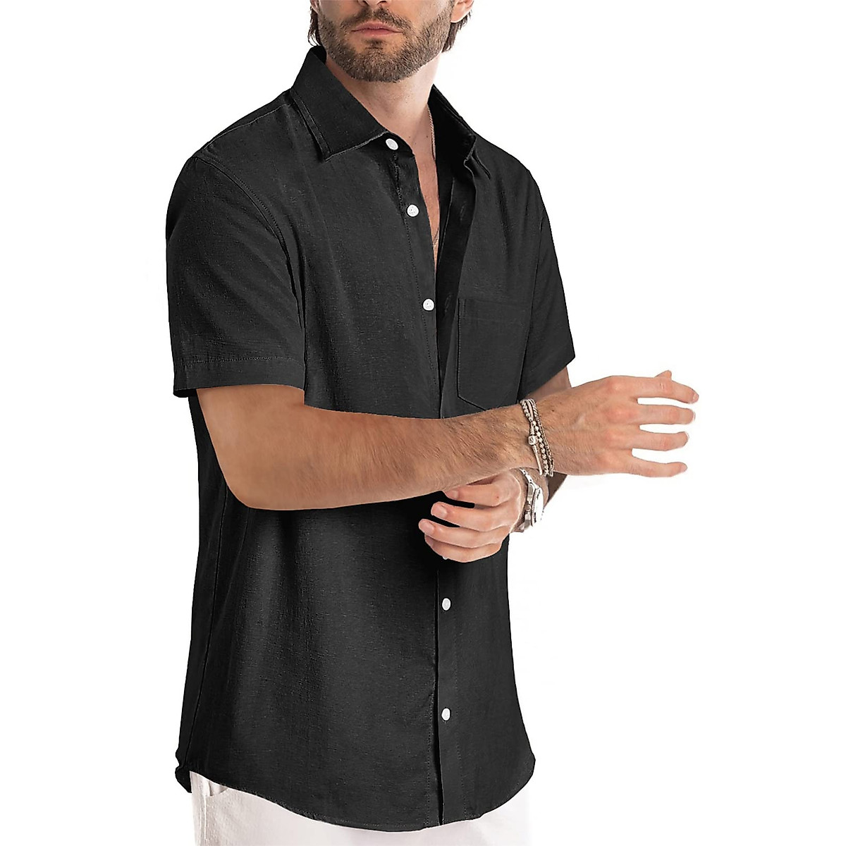 JMIERR Mens Summer Casual Stylish Short Sleeve Button-Up Shirts Cotton Linen Solid Color Business Dress Shirts Beach T Shirt, 2XL, Black