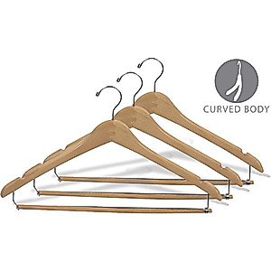 The Great American Hanger Company Curved Wood Suit Hanger w/Locking Bar, Box of 25 17 Inch Hangers w/Natural Finish & Chrome Swivel Hook & Notches for Shirt Dress or Pants