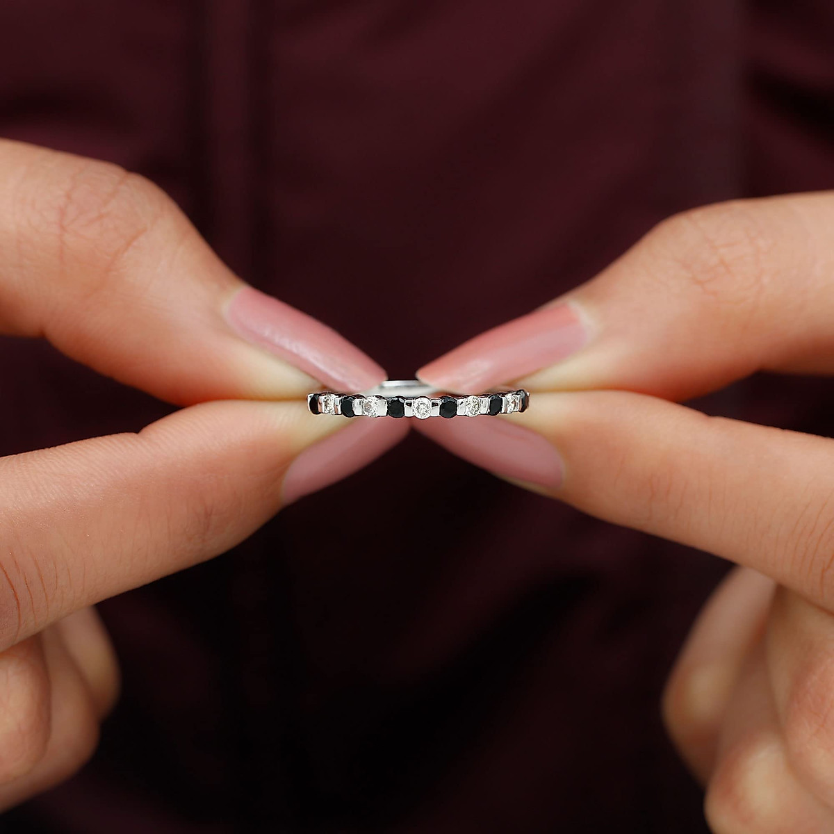 Natural Black Spinel Diamond Half Eternity Band, AAA Quality, Certified Black Spinel Stackable Ring - Ready to Gift, 14K White Gold, Size:US 7.50