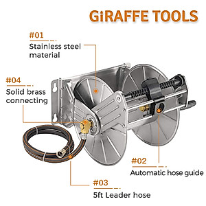 Giraffe Tools Stainless Steel Garden Hose Reel Heavy Duty, Wall/Floor Mounted Metal Water Hose Reel Retractable with Crank, 150-Feet 5/8" Hose Capacity