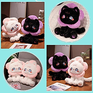 ELAINREN Crazy Flower Cat Plush Kitten Toy, Cute Kitty Stuffed Animal Floral Cat Plushie Soft Hugging Pillow Decor Furry Black Kitten Cat Dolls Gifts for Xmas,11.8''