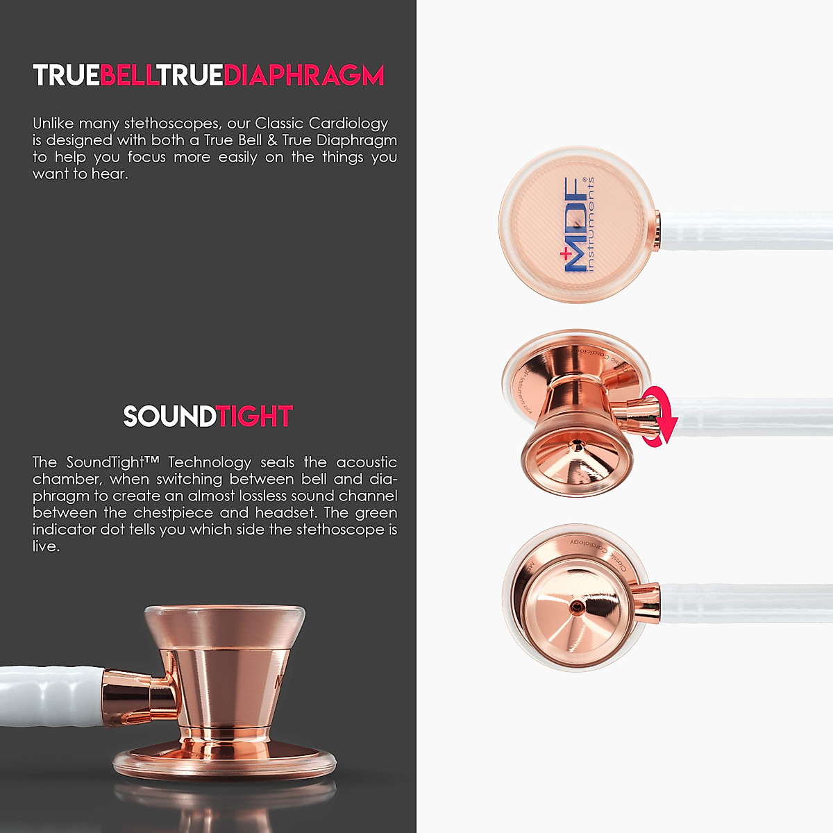 MDF Instruments, Rose Gold ProCardial Cardiology Stethoscope, Stainless Steel, Adult, Dual Head, White Tube, Rose Gold Chestpiece-Headset, MDF797RG29