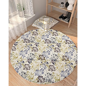 Country Rustic Flower Fluffy Round Area Rug Carpets 5ft, Plush Shaggy Carpet Soft Circular Rugs, Non-Slip Fuzzy Accent Floor Mat for Living Room Bedroom Nursery Home Decor Botanical Plant Farm Herb
