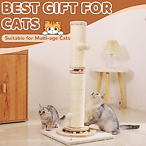 OTOB 33" Tall Cat Scratching Post, 4.3Inch Large Diameter Natural Sisal Rope Scratcher Post, 5-in-1 Interactive Turntable Cat Scratch Post with Soft Hanging Ball Toys for Indoor Large Cats