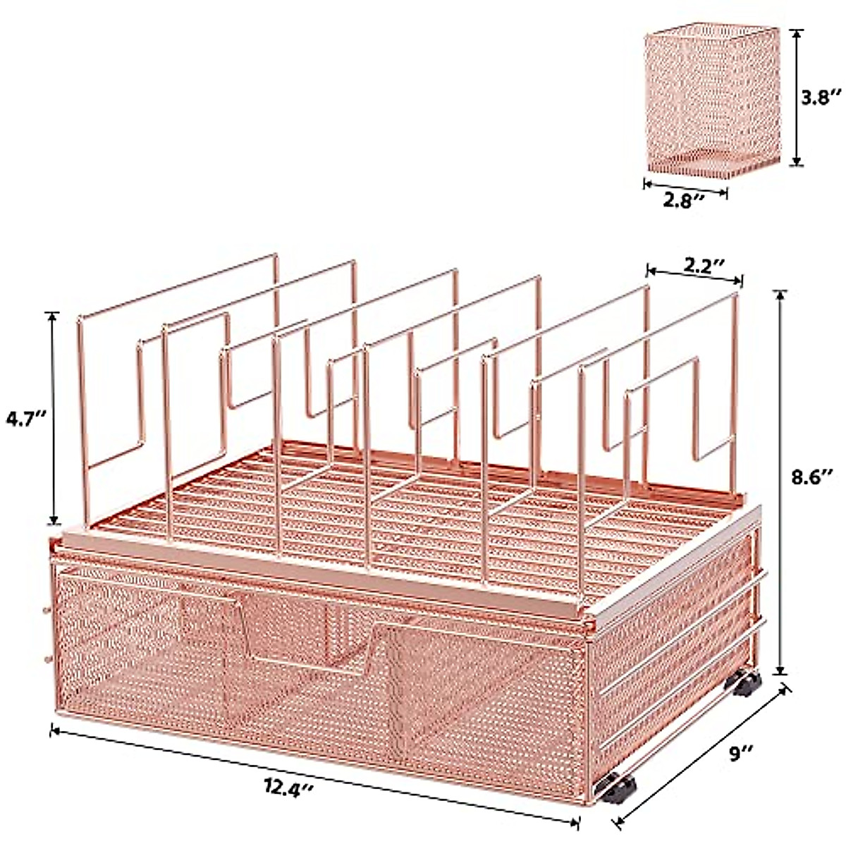 Cisily Desk Organizers and Accessories, 5 Vertical File Holders Home Office Supplies, Desktop Organization with Drawer and Pen Holders, Rose Gold