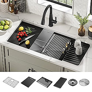 DELTA Rivet 32-Inch Workstation Kitchen Sink Undermount 16 Gauge Stainless Steel Single Bowl with WorkFlow Ledge and Chef’s Kit of 6 Accessories, 95B931-32S-SS