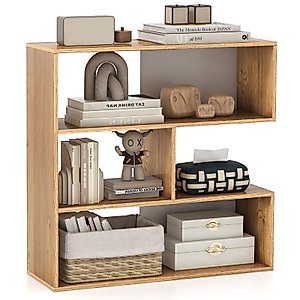 Tangkula 3 Cubes Bookcase, Irregular Open Bookcase, Freestanding Bookshelf Combination, Anti-Tipping Device, Home Display Storage Shelf for Living Room Study (Natural, 3-Cube, Concave)
