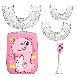BubblezKidz – Kids Electric Toothbrush – U Shaped Dinosaur Cartoon – Ultra Sonic 6 brush Cleaning Modes w/ Smart Timer – Ages 2-18 Years Old – IPX7 Waterproof, Rechargeable, With Stickers