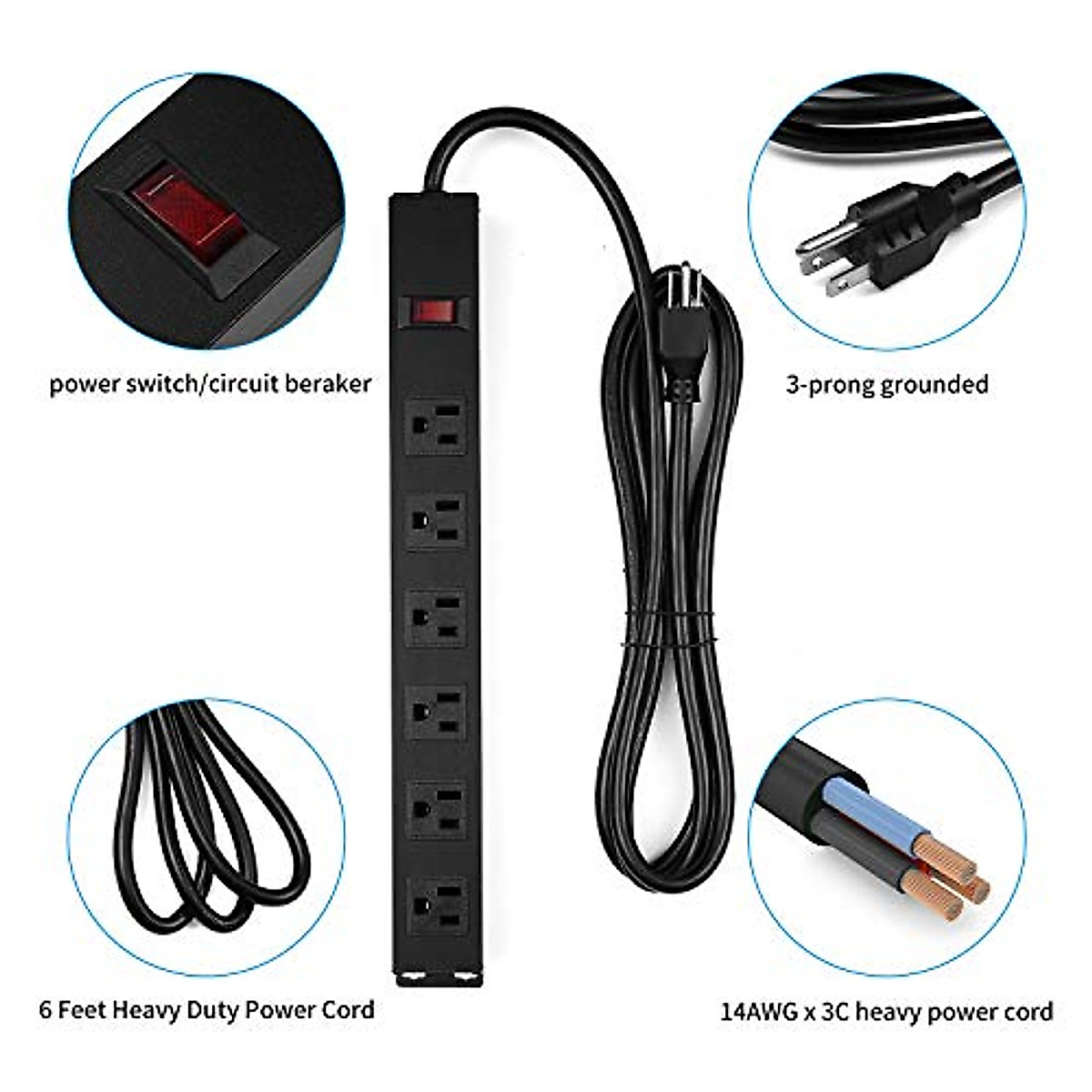 6 Outlets Metal Power Strip, Wall Mount Heavy Duty Power Outlet with Switch, Aluminum Alloy House, 14AWG Power Cord, 15A 125V 1875W, Black (6 FT)