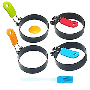 4Pack Egg Rings, Stainless Steel Frying Egg Ring Mold Non Stick Egg Frying Rings with Folding Handles and Oil Brush for Fried Eggs, Pancakes, Egg Shaper(size:4pcs)