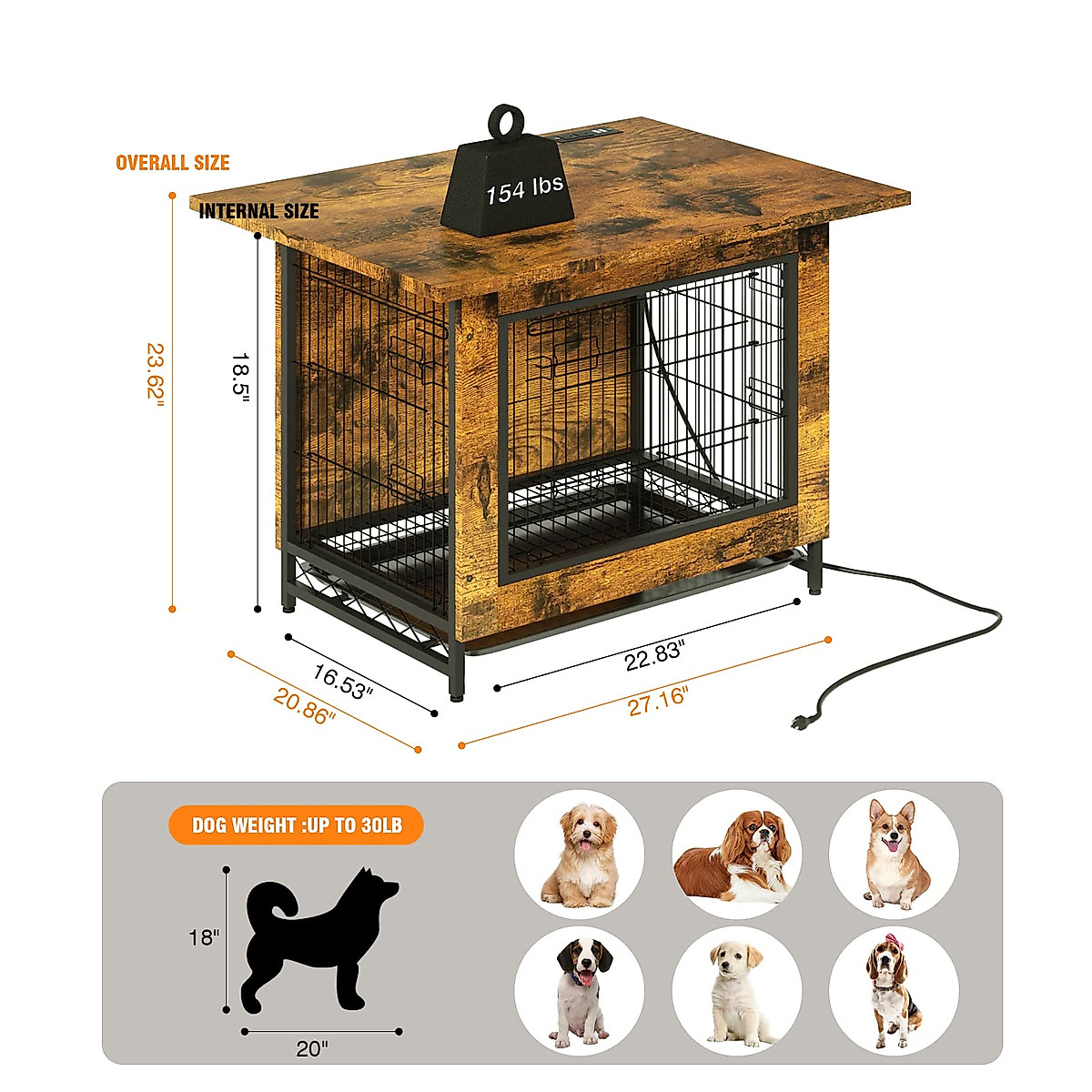 WASAGUN Wood Dog Kennel End Table with Pull-Out Tray, Power Outlets - For Small & Medium Dogs up to 30 lb, Brown